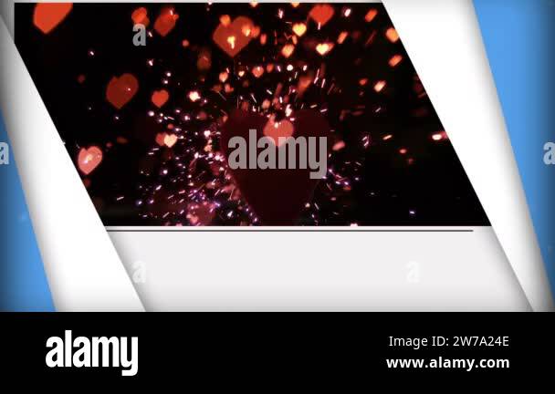 Animation of blue and white panels opening on red hearts and glitter ...