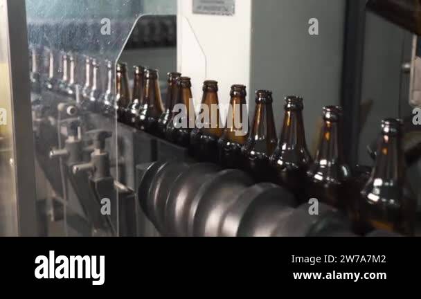 Technological line for bottling of beer in brewery. Empty brown bottles ...