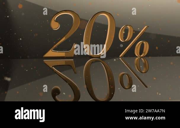 Gold numbers 20% on a mirror surface surrounded by flying round small ...