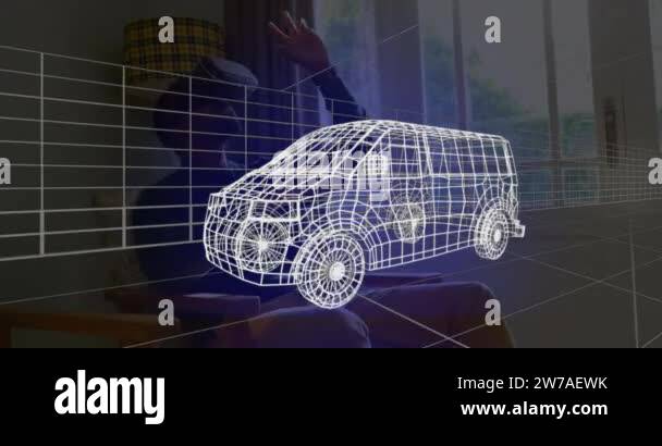 Animation of 3d technical drawing of van, over man at home wearing vr ...