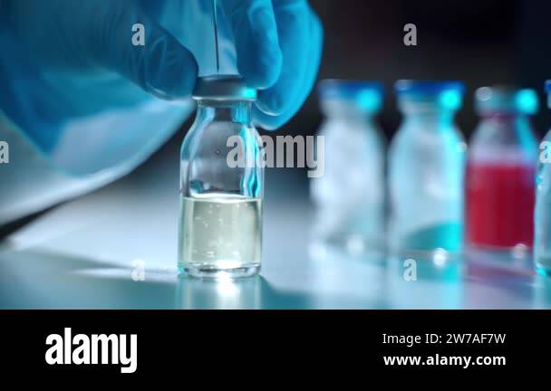 Laboratory researcher in protective gloves working with medicaments ...