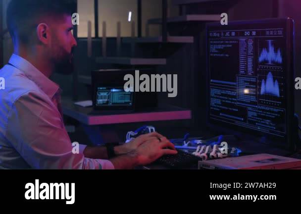 Man Typing On Keyboard While Programming On Advanced Interface Computer Hacker Writing Code