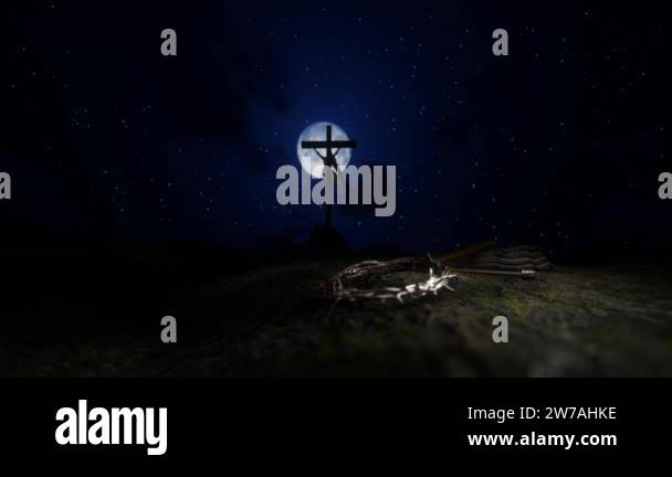 Crucifixion of Jesus Christ with thorn crown, nails, hammer and a rope ...