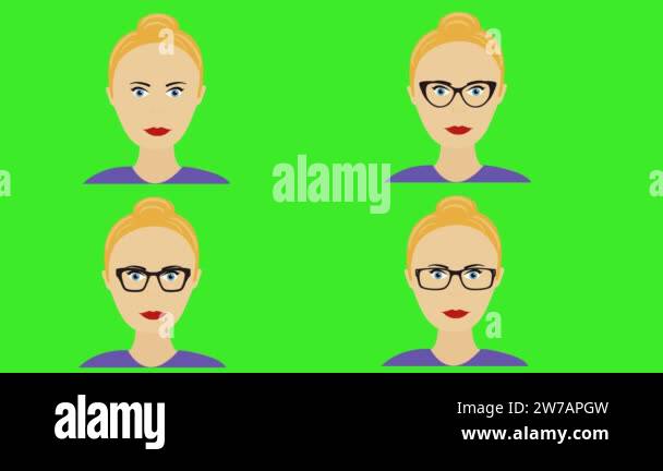 Cartoon women face avatar animation, moving and blinking eyes, on green ...