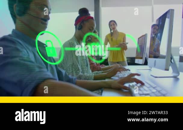 Animation of three digital icons over people using computers and phone ...