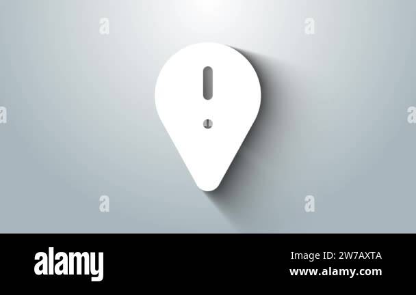White Map pointer with exclamation mark icon isolated on grey ...