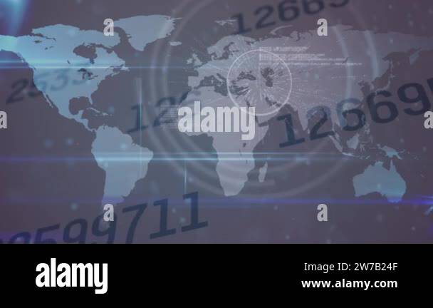 Animation of network of connections, numbers, scope scanning over world map. global data ...