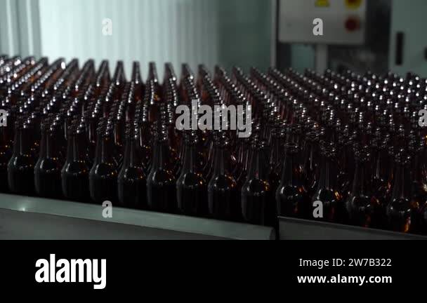 Technological line for bottling of beer in brewery. Empty brown bottles ...