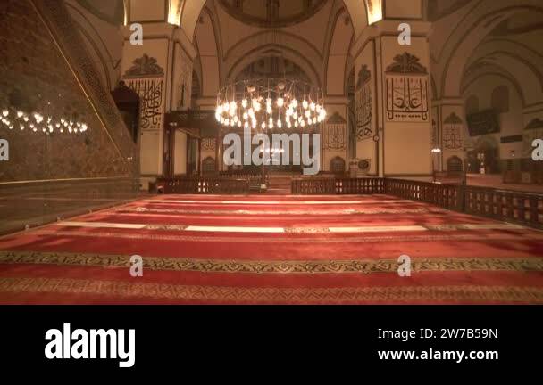 Interior of giant historic great mosque.Minaret masjid mystical god ...