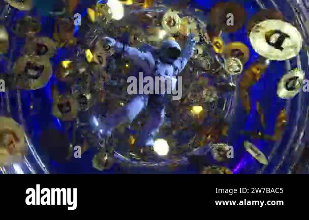 Falling astronaut in outer space surrounded by flying dogecoins ...