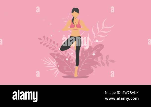 Woman does yoga exercise in nature. Tree pose. Female cartoon character ...