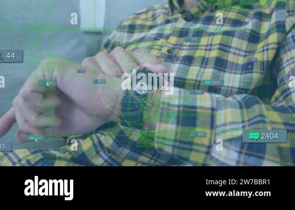 Animation of scope scanning and social media icons over man using ...