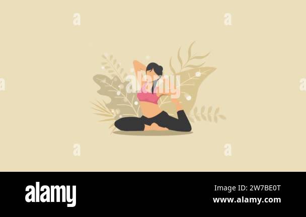 Woman does yoga exercise in nature. Pigeon pose. Female cartoon ...
