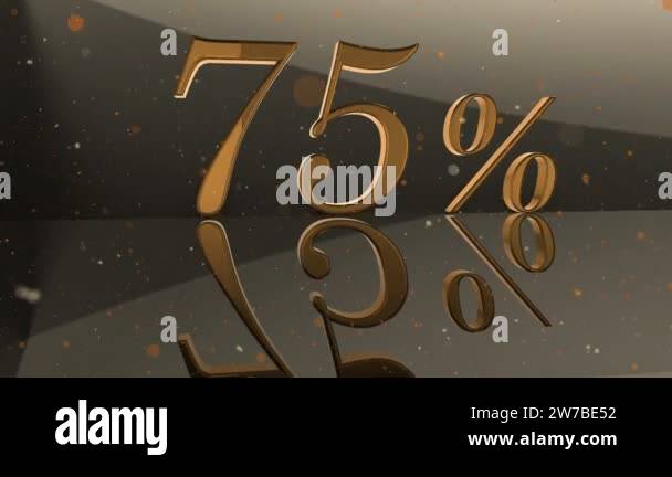 Gold numbers 75% on a mirror surface surrounded by flying round small ...