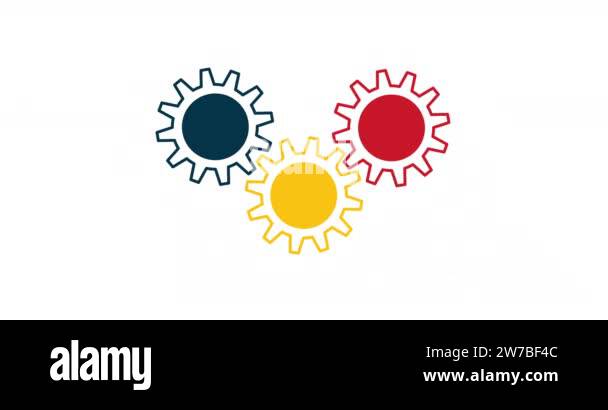 Three Blue, red and yellow gears rotating on white background. 4K ...