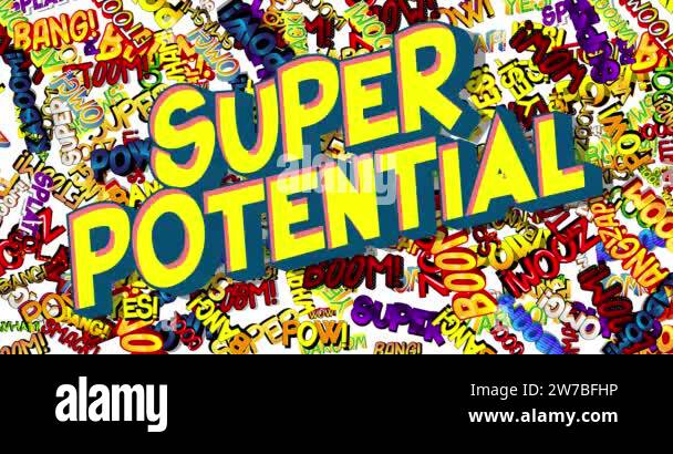 4k animated Super Potential text on comic book background with changing ...