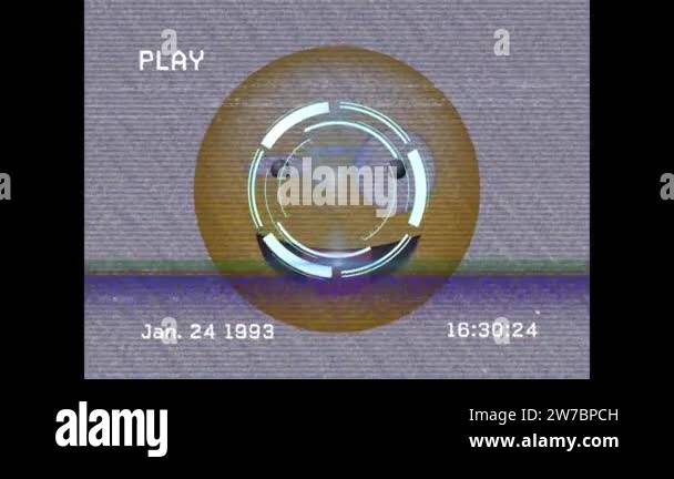 Digital animation of vhs effect and round scanner over silly face emoji ...