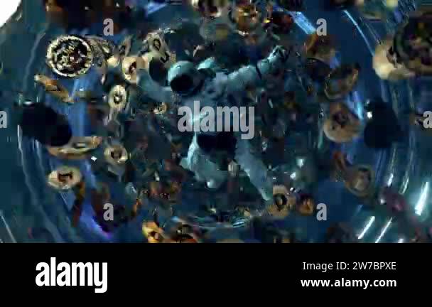 Falling astronaut in outer space surrounded by flying dogecoins ...