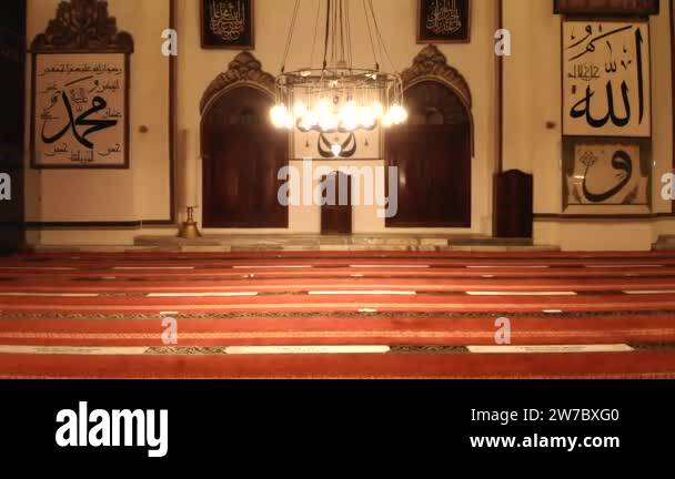 Interior of giant historic great mosque.Minaret masjid mystical god ...
