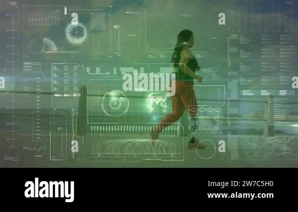 Animation of scope scanning and data processing over woman with artificial limb walking by ...