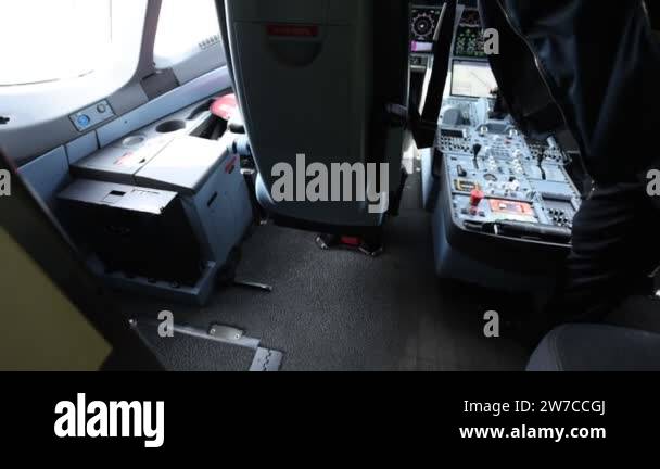 The cockpit of the AIRBUS A350 aircraft for flight tests. The internal ...