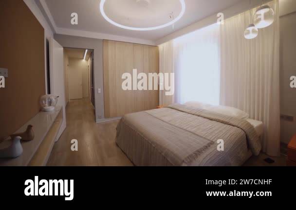 Beautiful modern empty hotel room interior. Video. View inside of clean ...