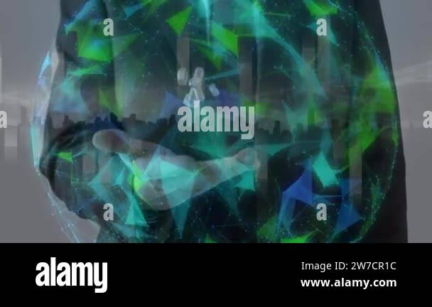 Animation of colourful network rotating over businessman throwing and ...