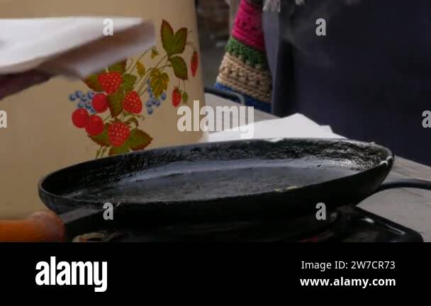 A large pancake pan in which the dough is fried for future crepes ...