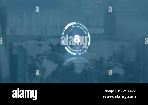 Countdown timer over round scanner over world map and digital interface ... Countdown timer over round scanner over world map and digital interface ...