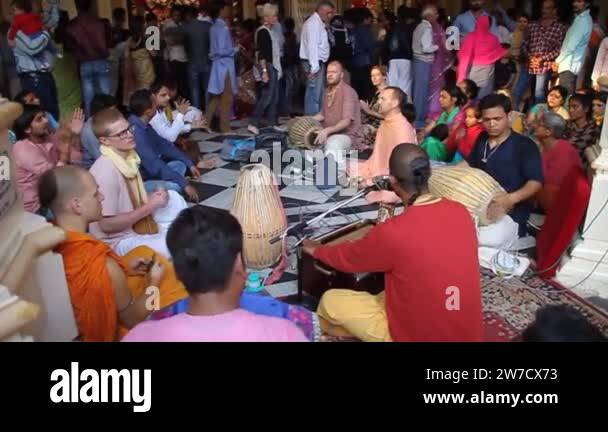 VRINDAVAN, INDIA - FEBRUARY 18, 2017: People sing Hare Krishna in ...