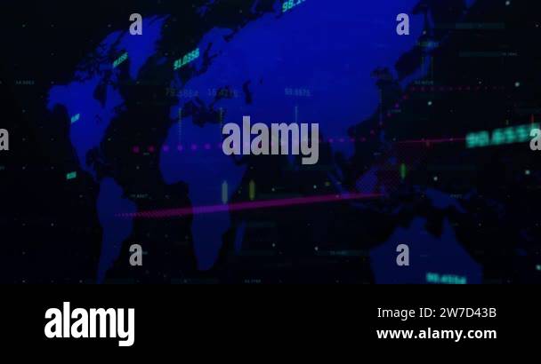 Animation of statistics and numbers, financial data processing over world map. global finances ...