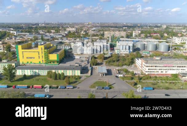 Flight over the industrial area. Many factories next to each other top ...