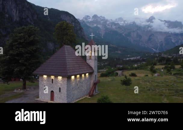 Church of Theth village on beautiful panoramic high alpine mountains in ...