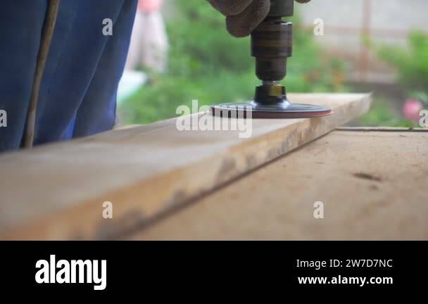 Close up of wood processing. Unrecognizable carpenter working in his ...