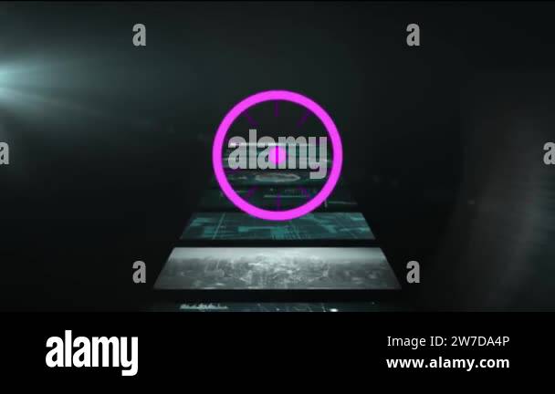 Animation of circular pink scanner rotating over data processing on ...