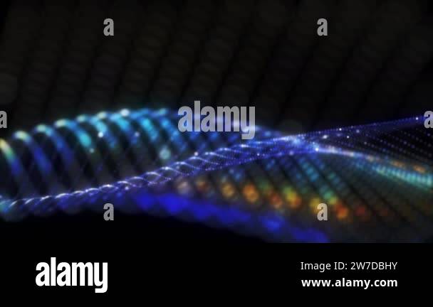 Wave of colorful blue gold red particles. Futuristic dots background with a dynamic wave. 4K 3D ...