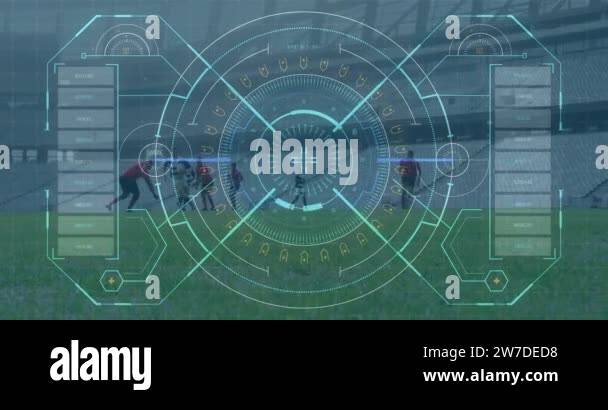 Animation of digital interface with scope scanning over football ...