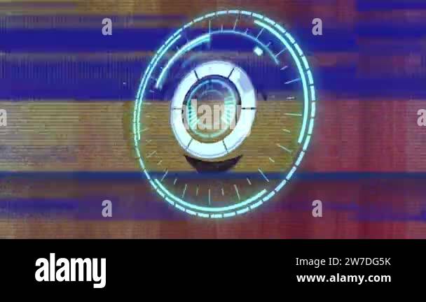 Neon round scanner and tv static effect over winking face emoji against ...