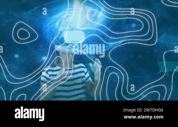 Animation of contour lines moving over woman wearing vr headset and ...