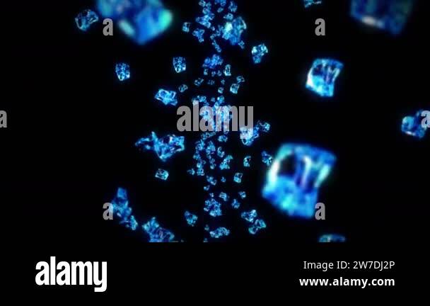 Flying many clean ice cubes on black background. Pieces of crushed ice ...