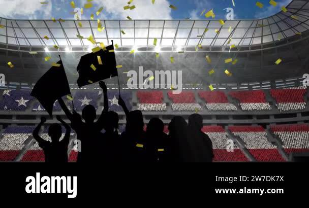 Golden confetti falling over silhouette of fans cheering and sports ...