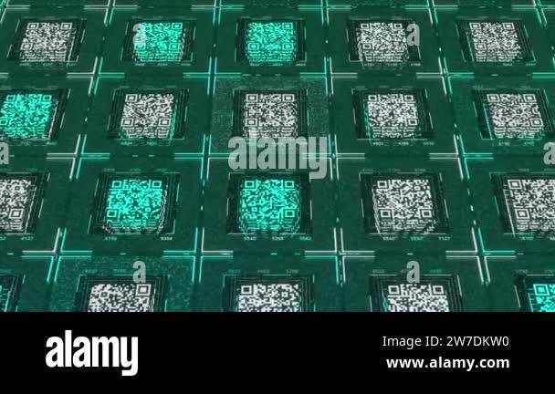Animation of glowing green and white QR codes processing on turquoise background. Animation ...