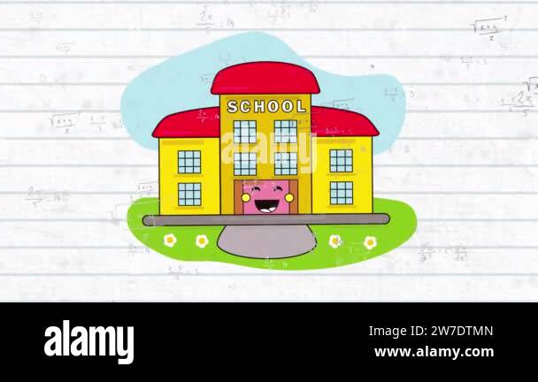 Digital animation of school building icon against mathematical ...