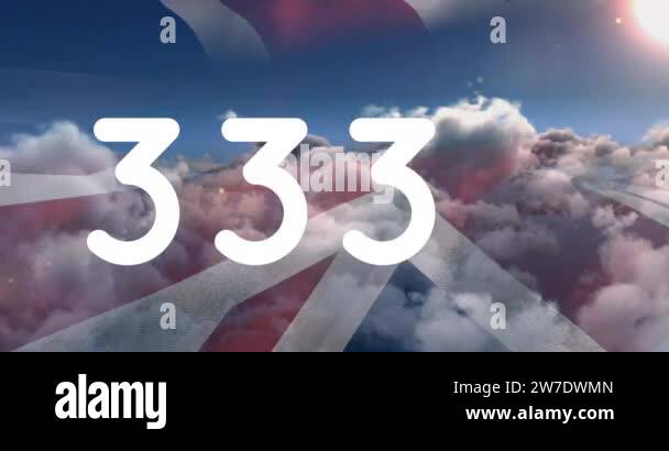 Animation of numbers growing and uk flag over clouds and sky. global ...