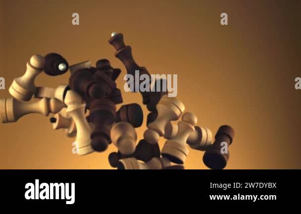 Super slow motion chess pieces take off up and fall down.Filmed on a ...