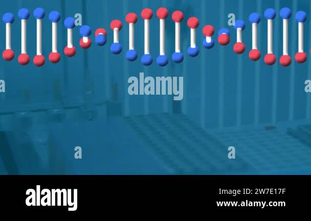 Dna structure spinning against robot putting test tubes in stand at ...