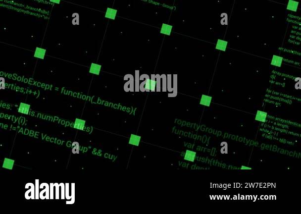 Rotating background with grid and program code. Motion. Grid with squares and written program ...