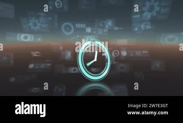 Neon digital clock ticking against multiple round scanners and data ...