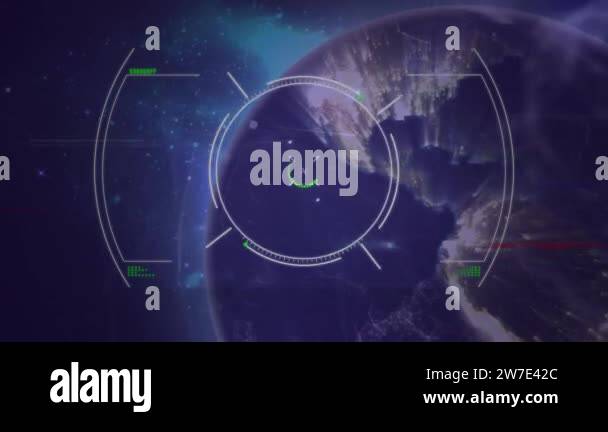 Animation of scope scanning and globe over purple background. global ...