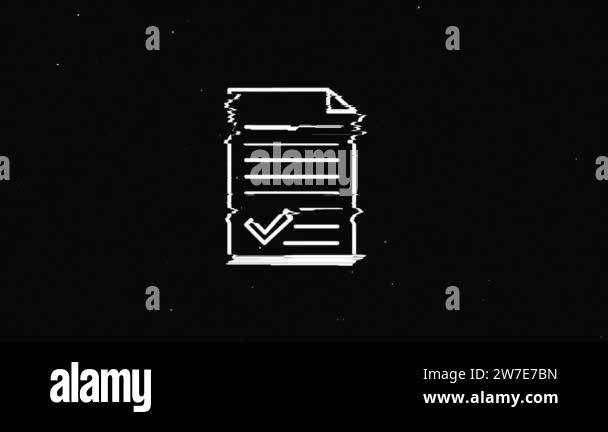 Line clipboard check mark hud holographic symbol on digital old tv screen seamless loop glitch ...